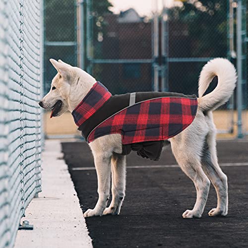 SAWMONG Dog Coat, British Style Plaid Dog Jacket with Reflective Strap, Windproof Waterproof Reversible Dog Winter Coat, Fleece Dog Vest with Furry Collar, Pet Apparel Cloth for Small Medium Large Dog