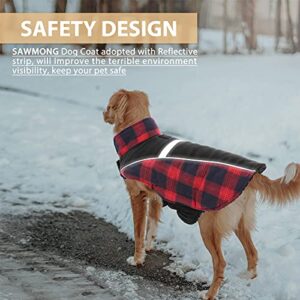 SAWMONG Dog Coat, British Style Plaid Dog Jacket with Reflective Strap, Windproof Waterproof Reversible Dog Winter Coat, Fleece Dog Vest with Furry Collar, Pet Apparel Cloth for Small Medium Large Dog