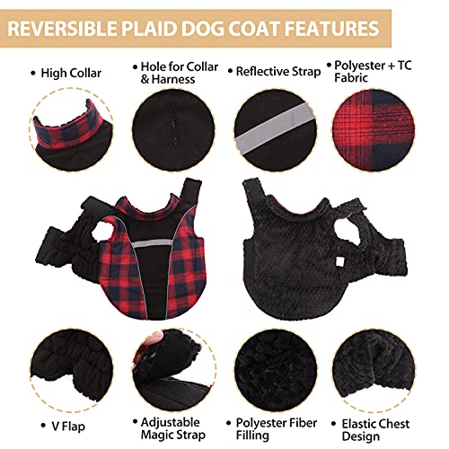 SAWMONG Dog Coat, British Style Plaid Dog Jacket with Reflective Strap, Windproof Waterproof Reversible Dog Winter Coat, Fleece Dog Vest with Furry Collar, Pet Apparel Cloth for Small Medium Large Dog