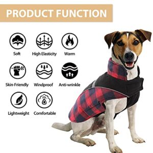 SAWMONG Dog Coat, British Style Plaid Dog Jacket with Reflective Strap, Windproof Waterproof Reversible Dog Winter Coat, Fleece Dog Vest with Furry Collar, Pet Apparel Cloth for Small Medium Large Dog