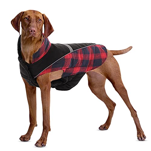 SAWMONG Dog Coat, British Style Plaid Dog Jacket with Reflective Strap, Windproof Waterproof Reversible Dog Winter Coat, Fleece Dog Vest with Furry Collar, Pet Apparel Cloth for Small Medium Large Dog