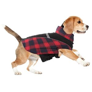 SAWMONG Dog Coat, British Style Plaid Dog Jacket with Reflective Strap, Windproof Waterproof Reversible Dog Winter Coat, Fleece Dog Vest with Furry Collar, Pet Apparel Cloth for Small Medium Large Dog