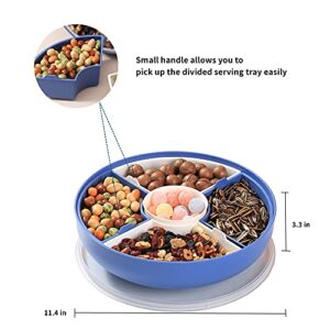 XKXKKE Divided Serving Dishes with Lid, Serving Tray with Lid, Round Divided Plates, Sectional Serving Tray Removable Party Snacks Tray for Candies, Nuts, Veggies, Fruits and Appetizer (Blue)