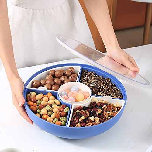 XKXKKE Divided Serving Dishes with Lid, Serving Tray with Lid, Round Divided Plates, Sectional Serving Tray Removable Party Snacks Tray for Candies, Nuts, Veggies, Fruits and Appetizer (Blue)