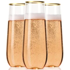 30 plastic stemless champagne flutes - disposable unbreakable 9 oz toasting glasses, with gold rim | reusable, clear, fancy & shatterproof champagne glasses - ideal for weddings, birthdays, parties