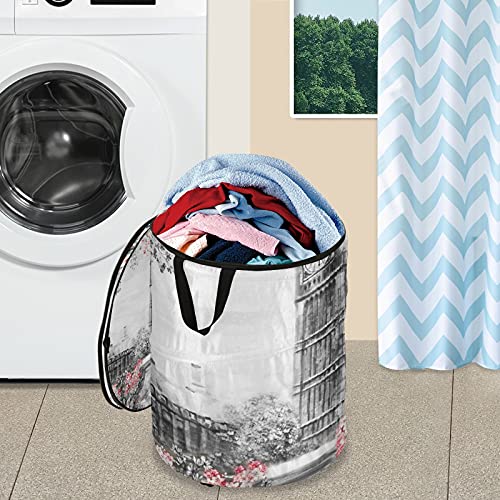 London Big Ben Rose Pop Up Laundry Hamper With Lid Foldable Laundry Basket With Handles Collapsible Storage Basket Clothes Organizer for Home College Dorm Camping