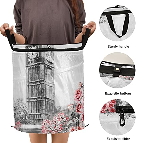 London Big Ben Rose Pop Up Laundry Hamper With Lid Foldable Laundry Basket With Handles Collapsible Storage Basket Clothes Organizer for Home College Dorm Camping