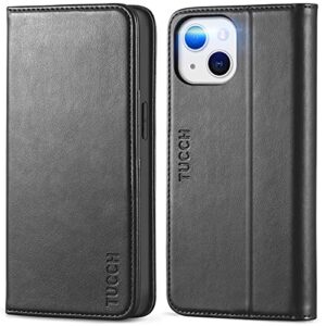 tucch case for iphone 13 wallet case 5g, premium pu leather flip folio cover with [3 card slots], stand book design [shockproof tpu interior case] compatible with iphone 13 6.1-inch 2021, black