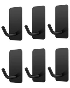 soulips adhesive hooks, self adhesive black wall mount hanger for key robe coat towel, heavy duty super strong stainless steel hooks for kitchen bathroom toilet, no drill no screw, waterproof, 6 pack