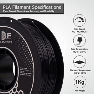 3DF Printing Filament – Black PLA 3D Filament for FDM 3D Printers | PLA Filament 1.75mm | Dimensional Accuracy +/- 0.02mm | 1kg (2.2lbs) Spool | Pack of 1