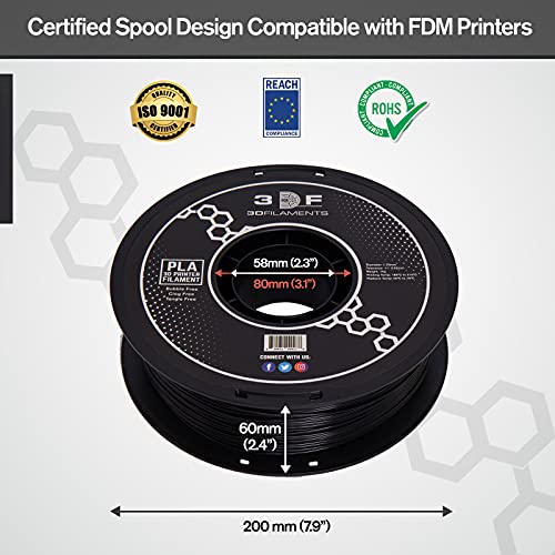 3DF Printing Filament – Black PLA 3D Filament for FDM 3D Printers | PLA Filament 1.75mm | Dimensional Accuracy +/- 0.02mm | 1kg (2.2lbs) Spool | Pack of 1