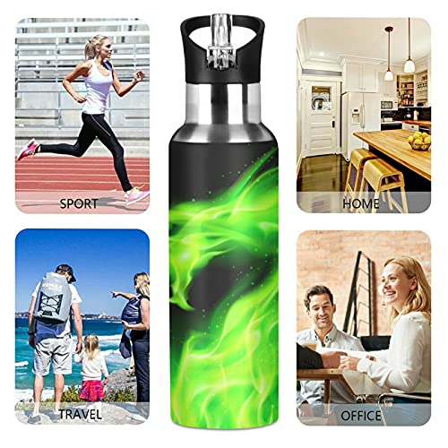 xigua Green Dragon Fire Insulated Water Bottle 22oz with Straw Lid Stainless Steel Vacuum Cup Leakproof Thermal Bottles for Sport Keep Cold/Warm