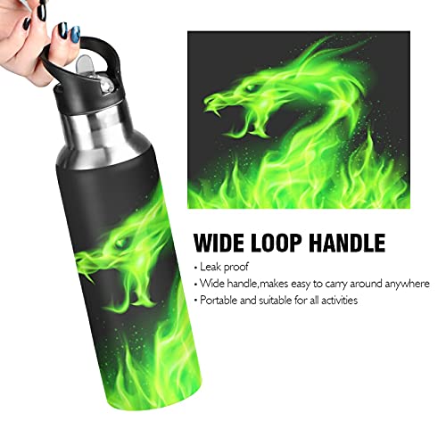 xigua Green Dragon Fire Insulated Water Bottle 22oz with Straw Lid Stainless Steel Vacuum Cup Leakproof Thermal Bottles for Sport Keep Cold/Warm