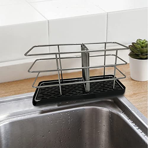 GUOJOZO Stainless Steel Sponge Holder for Sink Kitchen Sink Organizer,Sink Tray Drainer Rack for Countertop Or Wall-Stick with Dish Drainer Keep Dry (Black)