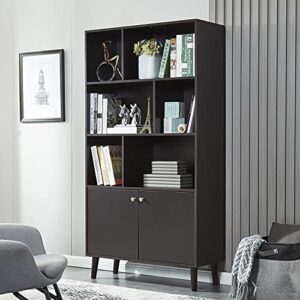 mixcept modern bookcase with 2 doors, wooden bookshelf library with 6 storage cabinet for home office, coffee (coffee)