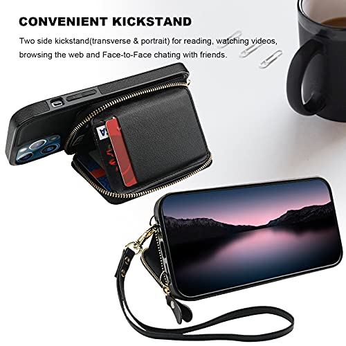 Bocasal RFID Blocking Wallet Case for iPhone 13 Pro Max, Adjustable Crossbody Zipper Purse Case Card Holder with Kickstand Detachable Wrist Strap, PU Leather Flip Folio Case 6.7 Inch 5G (Black)