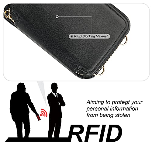 Bocasal RFID Blocking Wallet Case for iPhone 13 Pro Max, Adjustable Crossbody Zipper Purse Case Card Holder with Kickstand Detachable Wrist Strap, PU Leather Flip Folio Case 6.7 Inch 5G (Black)