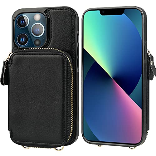 Bocasal RFID Blocking Wallet Case for iPhone 13 Pro Max, Adjustable Crossbody Zipper Purse Case Card Holder with Kickstand Detachable Wrist Strap, PU Leather Flip Folio Case 6.7 Inch 5G (Black)