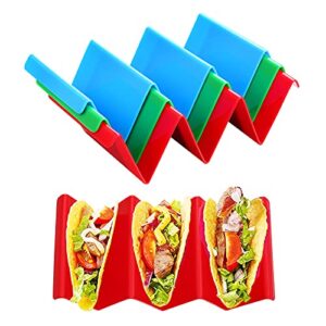 vethwal 3 pack colorful taco holders, taco holder stand with handle can hold 2 or 3 tacos each, sturdy, bpa free healthy pp material dishwasher & microwave safe