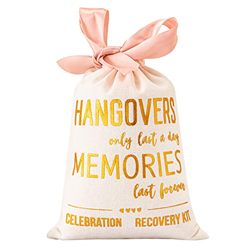 Bridal Shower Party Gift Bags, 5x7 Inch GOLD Foil"HANGOVERS",Bachelorette Hangover Kit Bags 10 Pcs Cotton Recovery Kit Bags Muslin Drawstring Bag for Bridal Shower Wedding Party Gift Decoration