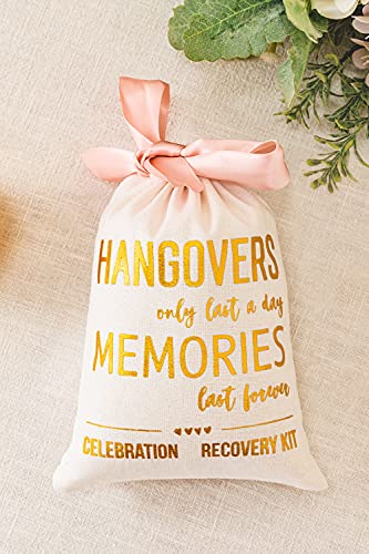 Bridal Shower Party Gift Bags, 5x7 Inch GOLD Foil"HANGOVERS",Bachelorette Hangover Kit Bags 10 Pcs Cotton Recovery Kit Bags Muslin Drawstring Bag for Bridal Shower Wedding Party Gift Decoration