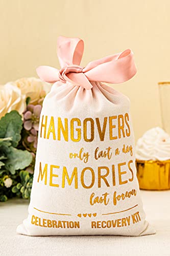 Bridal Shower Party Gift Bags, 5x7 Inch GOLD Foil"HANGOVERS",Bachelorette Hangover Kit Bags 10 Pcs Cotton Recovery Kit Bags Muslin Drawstring Bag for Bridal Shower Wedding Party Gift Decoration