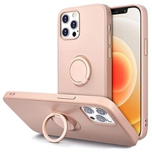 hython case for iphone 12 pro max case with ring stand [360° rotatable ring holder magnetic kickstand] [soft microfiber lining] slim shockproof rubber protective phone case cover for women, pink sand