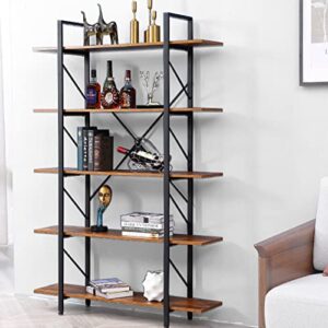 otenneto 5 tier book shelf, industrial shelves etagere book case with extra width & rustic wood board, large vintage 5 shelf bookcase, open display storage furniture for bedroom, office, living room