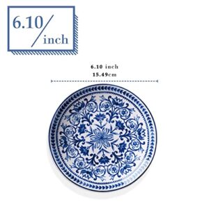 Sonemone Blue Floral Dessert Plates, Set of 6, 6 Inch Small Appetizer Plates, for Cake, Snacks, Ice Cream, Side Dish, Ceramic, Microwave & Dishwasher Safe