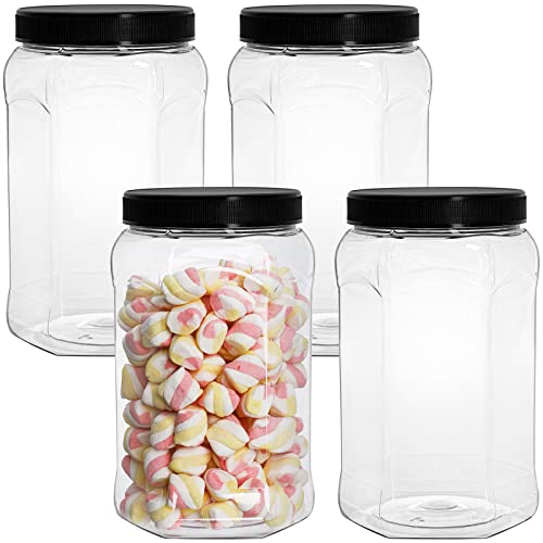 Okllen 4 Pack 70 Oz Clear Plastic Jars with Lids, Empty Storage Containers Large Spice Jars Airtight Canisters for Dry Food, Snacks, Flour, Dog Food, Wide Mouth, BPA Free, Black Cap