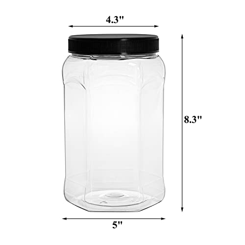 Okllen 4 Pack 70 Oz Clear Plastic Jars with Lids, Empty Storage Containers Large Spice Jars Airtight Canisters for Dry Food, Snacks, Flour, Dog Food, Wide Mouth, BPA Free, Black Cap