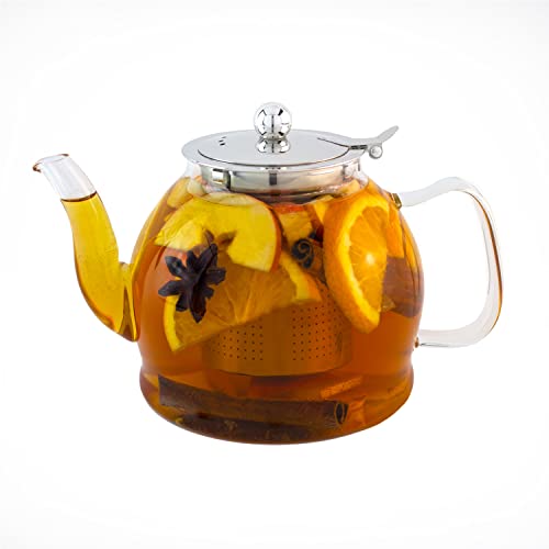 Aserson 1200 ml/40 oz Glass Teapot, Heat Resistant, Stainless Steel Infuser, Handmade, Leaf Tea Brewer, Borosilicate Glass, Stovetop Teapot and Microwave Safe