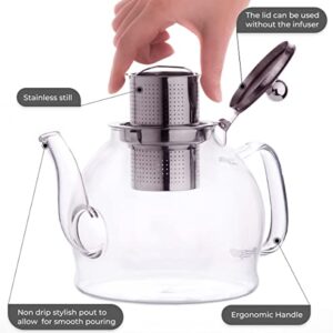 Aserson 1200 ml/40 oz Glass Teapot, Heat Resistant, Stainless Steel Infuser, Handmade, Leaf Tea Brewer, Borosilicate Glass, Stovetop Teapot and Microwave Safe