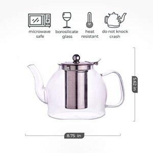 Aserson 1200 ml/40 oz Glass Teapot, Heat Resistant, Stainless Steel Infuser, Handmade, Leaf Tea Brewer, Borosilicate Glass, Stovetop Teapot and Microwave Safe