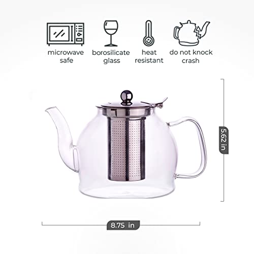 Aserson 1200 ml/40 oz Glass Teapot, Heat Resistant, Stainless Steel Infuser, Handmade, Leaf Tea Brewer, Borosilicate Glass, Stovetop Teapot and Microwave Safe