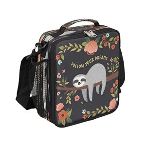 Cute Sloth Flower Print Insulated Lunch Bag Durable Leakproof Lunch Box Bento Cooler Tote Bag with Removable Shoulder Strap for Men Women Adults Girls Boys Back to School Lunchbox