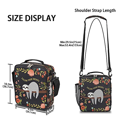 Cute Sloth Flower Print Insulated Lunch Bag Durable Leakproof Lunch Box Bento Cooler Tote Bag with Removable Shoulder Strap for Men Women Adults Girls Boys Back to School Lunchbox