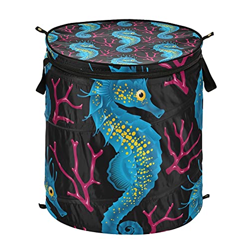 Seahorse Pink Coral Pop Up Laundry Hamper With Lid Foldable Laundry Basket With Handles Collapsible Storage Basket Clothes Organizer for Kids Room Bedroom