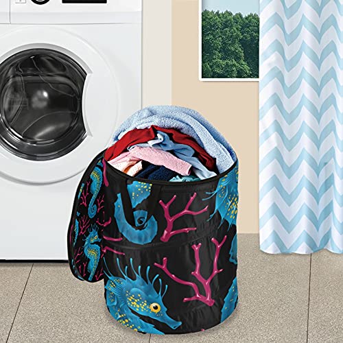 Seahorse Pink Coral Pop Up Laundry Hamper With Lid Foldable Laundry Basket With Handles Collapsible Storage Basket Clothes Organizer for Kids Room Bedroom