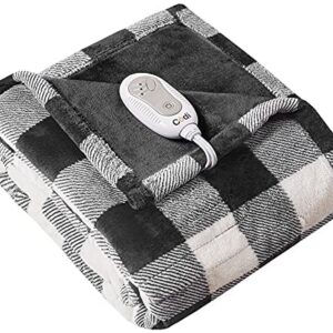 Soft Plush Electric Heated Blanket Throw, White Black Plaid Microlight Therapedic Throws | 3 Heat Setting with Auto Shut Off, 6ft Power Cord, | Washable