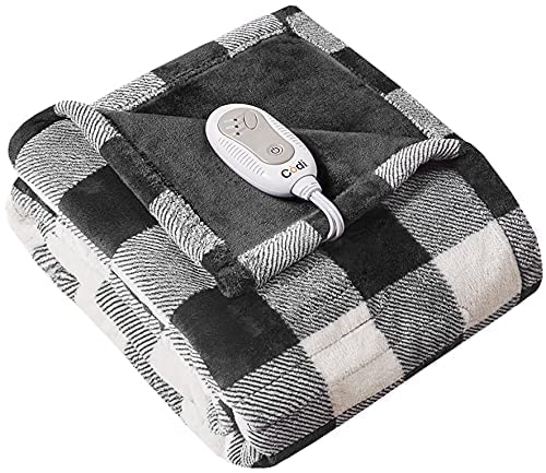 Soft Plush Electric Heated Blanket Throw, White Black Plaid Microlight Therapedic Throws | 3 Heat Setting with Auto Shut Off, 6ft Power Cord, | Washable