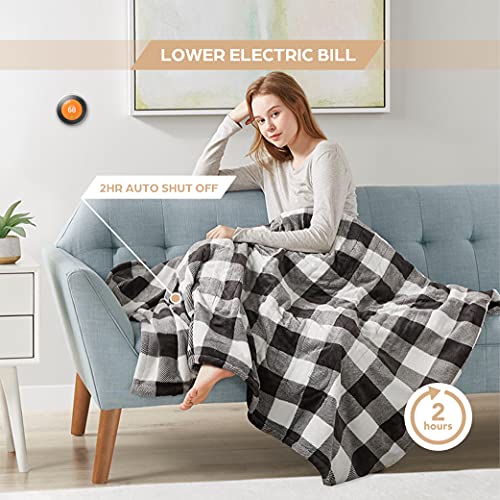 Soft Plush Electric Heated Blanket Throw, White Black Plaid Microlight Therapedic Throws | 3 Heat Setting with Auto Shut Off, 6ft Power Cord, | Washable