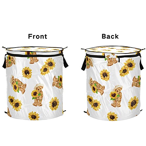 Bears Sunflowers Pop Up Laundry Hamper With Lid Foldable Laundry Basket With Handles Collapsible Storage Basket Clothes Organizer for Travel Picnic Camp