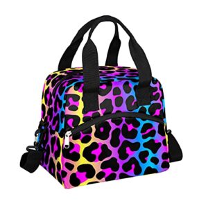 leopard raibow fashion insulated lunch bag cheetah colorful skin lunch box for women girl with shoulder strap tote bag reusable large containers meal prep for school work picnic thermal cooler bag