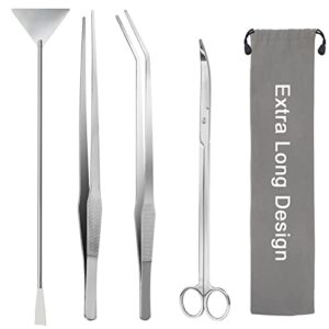 liveek aquarium aquascape tools kit 15in, 4 in 1 anti-rust aquatic plant aquascaping tool stainless steel silver tweezers scissor spatula for aquarium tank clean fish tank aquascape tool set(silver)