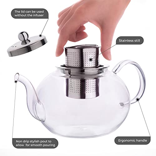 Aserson 1200 ml/40 oz Glass Teapot, Heat Resistant, Stainless Steel Infuser, Handmade, Leaf Tea Brewer, Borosilicate Glass, Stovetop Teapot and Microwave Safe