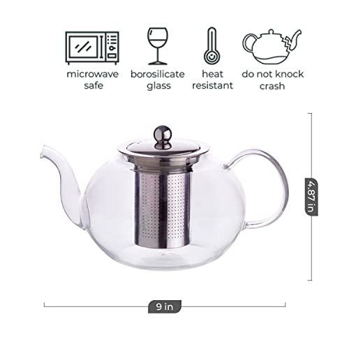 Aserson 1200 ml/40 oz Glass Teapot, Heat Resistant, Stainless Steel Infuser, Handmade, Leaf Tea Brewer, Borosilicate Glass, Stovetop Teapot and Microwave Safe