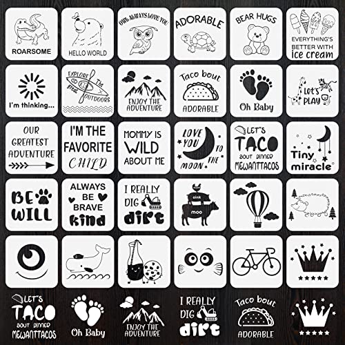 30 Pack Baby Shower Stencils Cute Onesie Stencil Mixed Animals Pattern Painting Stencils Templates Reusable for Painting Bodysuit Bags Shirts