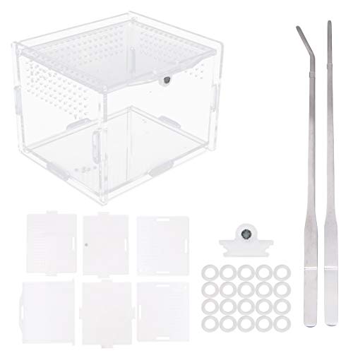 Flyan Acrylic Reptile Feeding Box 3.9x3.15x2.75 inch Transparent Glass Breeding Box Terrarium with 2 Pcs Straight and Curved Tweezers for Pet Insect Spider Crickets Snails Hermit Crabs Lizard