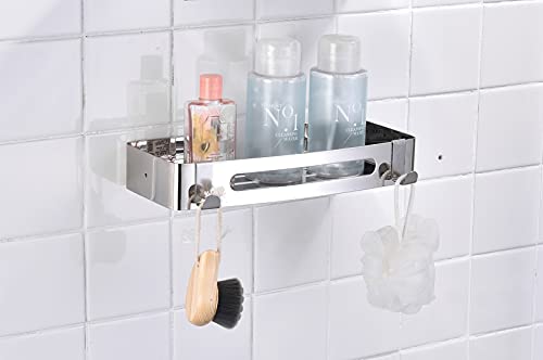 Shower Caddy Bathroom Shelf with Hooks, Rustproof 304 Stainless Steel Shampoo Organizer with Adhesive, No Drilling, Wall Mounted for Inside Shower and Kitchen